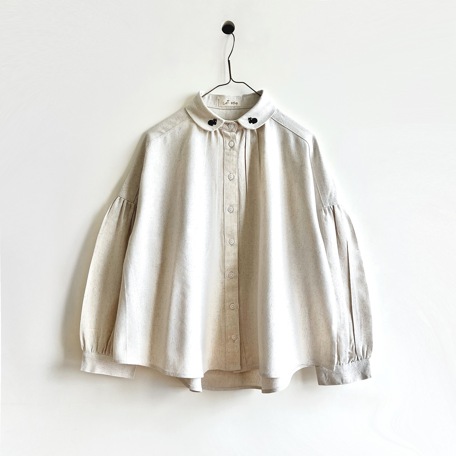 cat collar cotton linen shirt : natural